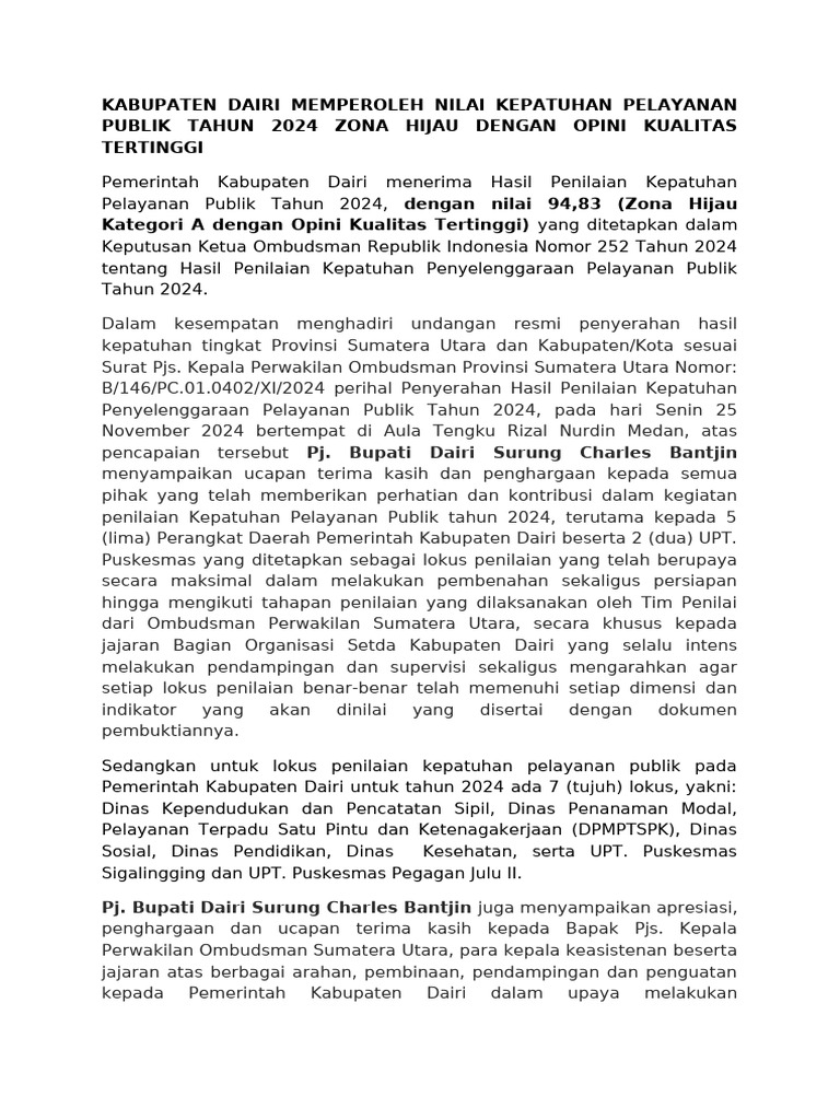 Release Penerimaan Nilai Kepatuhan Yanlik th.2024 | PDF