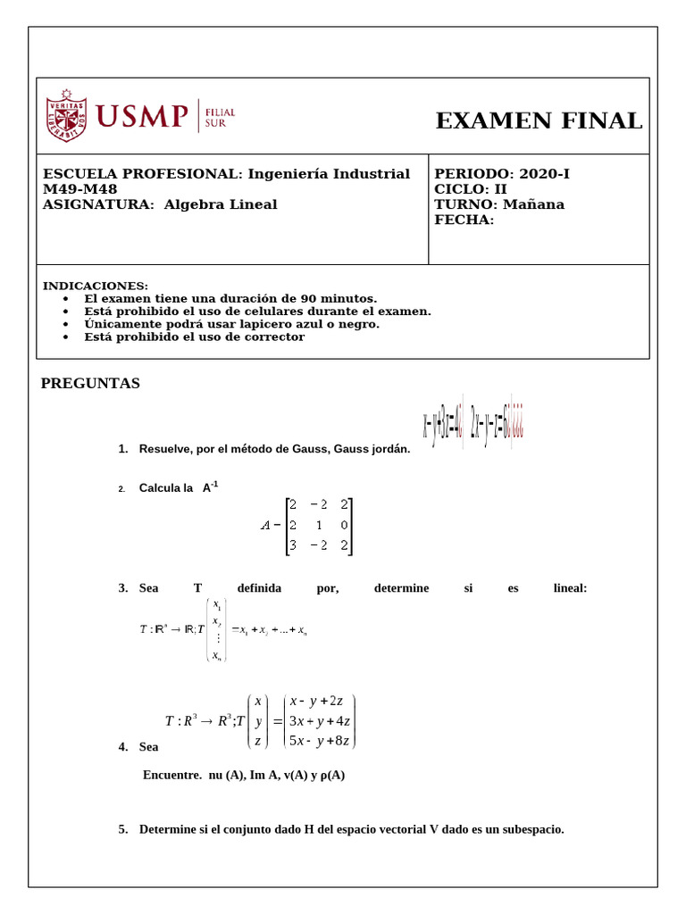 Exa. Final Alg. Lineal M49-M48 | PDF