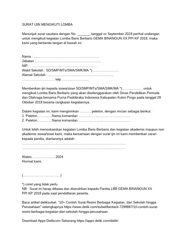 Contoh Surat Izin Resmi Mengikuti Lomba | PDF