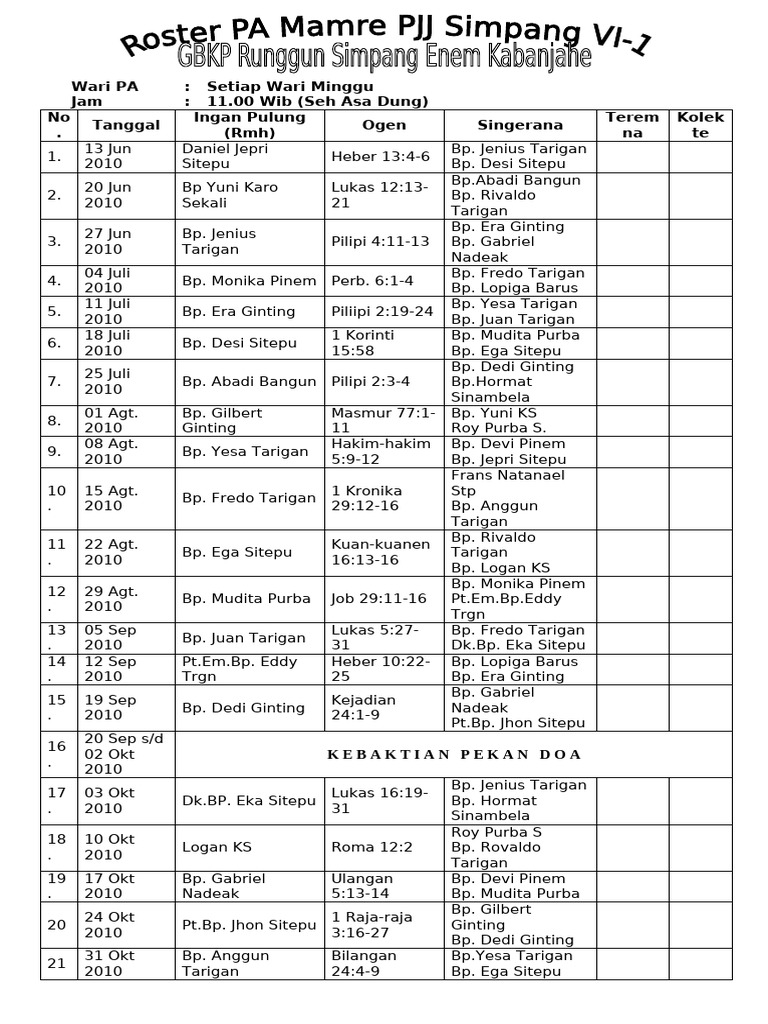 Roster PA Mamre PJJ Simpang VI (Jun-Nop) | PDF