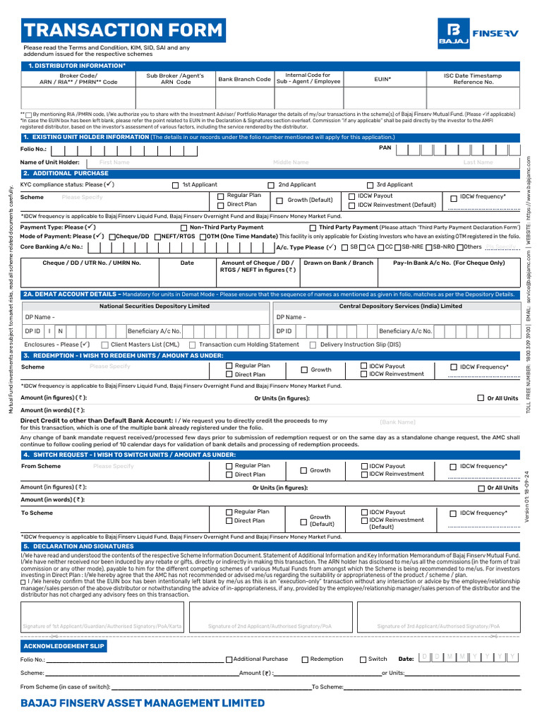 Bajaj Finserv Mutual Fund Transaction Form | PDF | Cheque | Banks