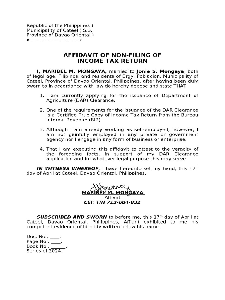 Affidavit of Non-Filing Tax Return | PDF