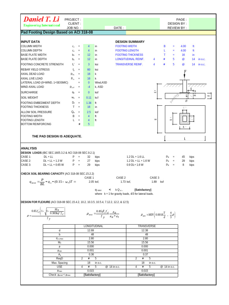 Pad Footing Design Based On ACI 318-08: Input Data Design Summary | PDF ...