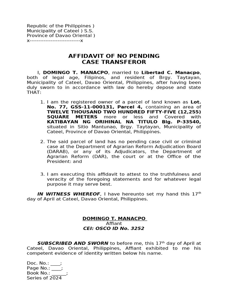 Affidavit of No Pending Case - Manacpo | PDF