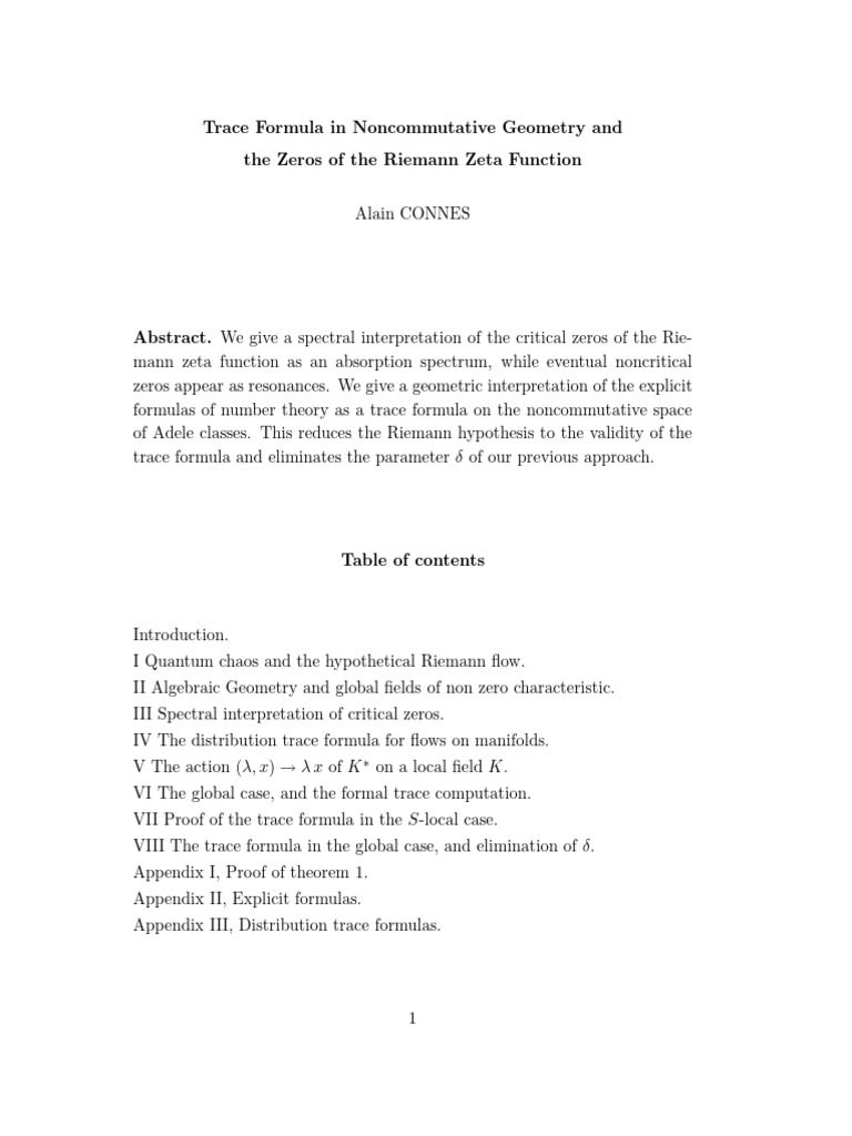 Trace Formula in Noncommutative Geometry and The Zeros of The Riemann ...