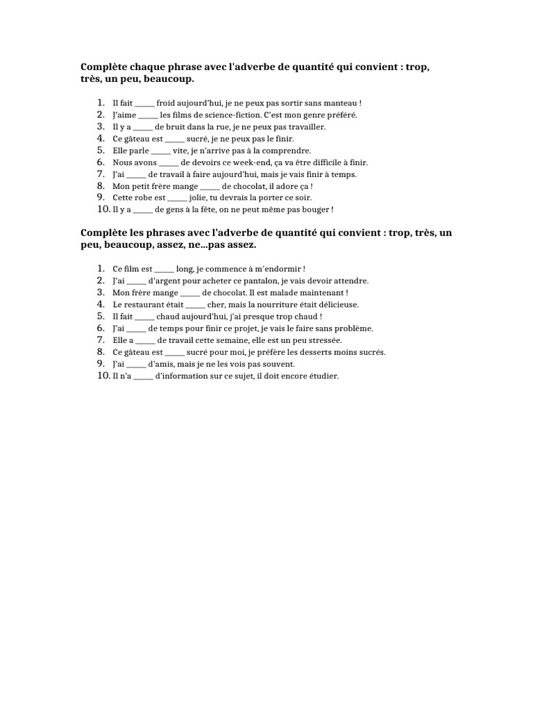 Exercices sur les adverbes de quantité | PDF