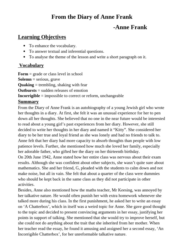 From The Diary of Anne Frank | PDF | Anne Frank | Teachers