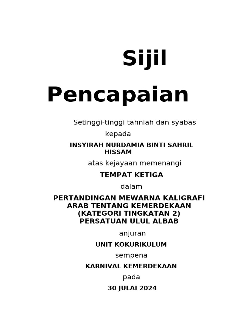 Sijil Pencapaian SMKKK 2024 DF 6 | PDF