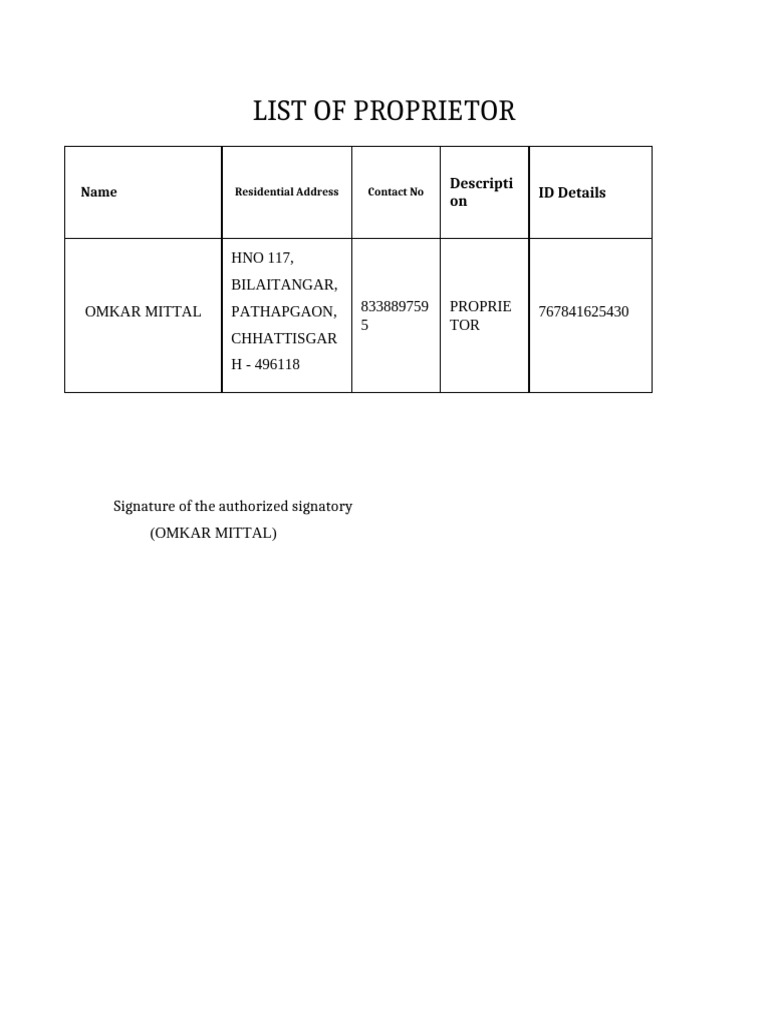 Proprietor Contact Information List | PDF