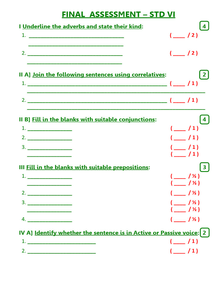 Final Assessment - STD 6 - Blank Answer Sheet - 2021 - 2022 | PDF | Language Mechanics | Grammar