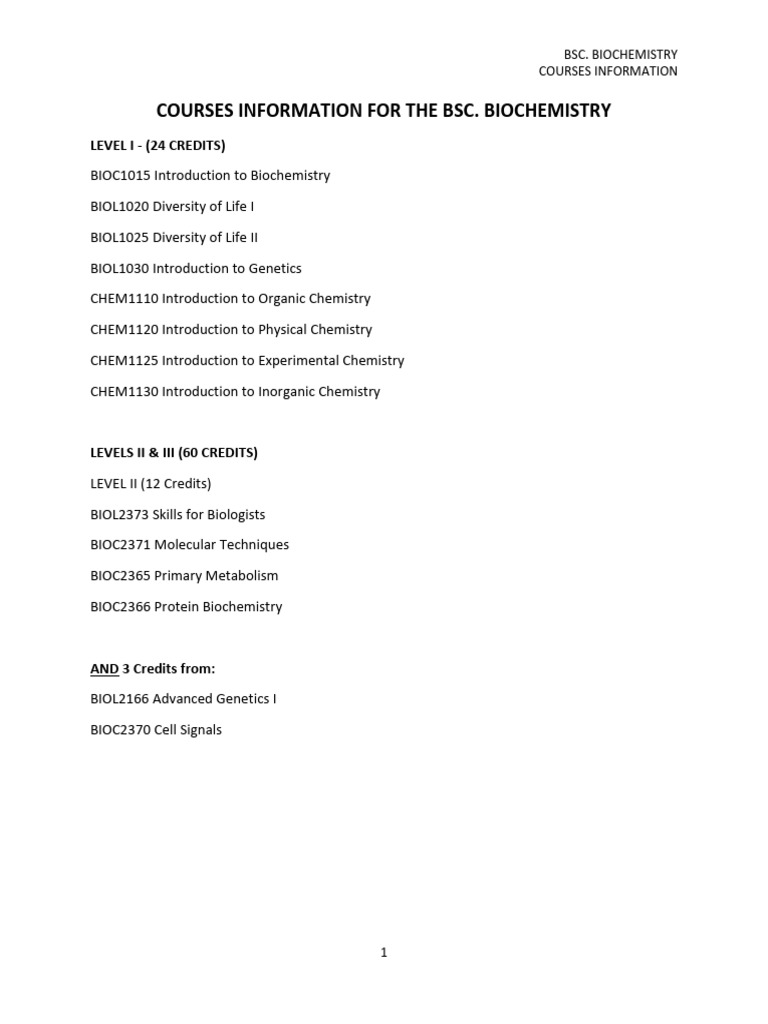 Courses Information For The BSC Biochemistry | PDF | Gene | Biochemistry