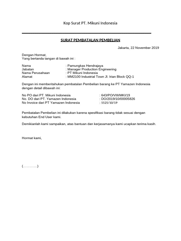 Contoh Surat Pembatalan Pembelian | PDF
