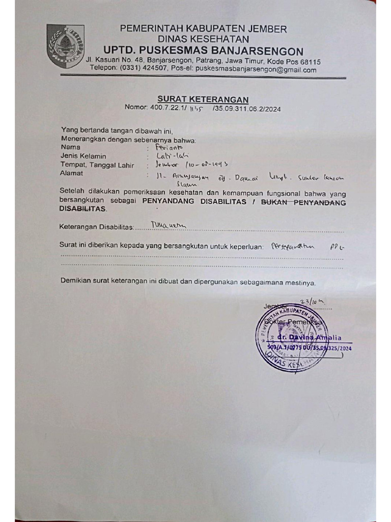 Surat Keterangan Disabilitas | PDF