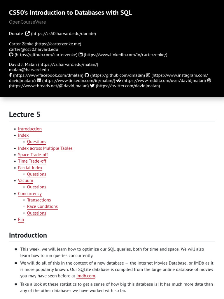 Lecture 5 - CS50's Introduction To Databases With SQL | PDF | Database ... Lecture 5 - CS50's Introduction To Databases With SQL | PDF | Database ...