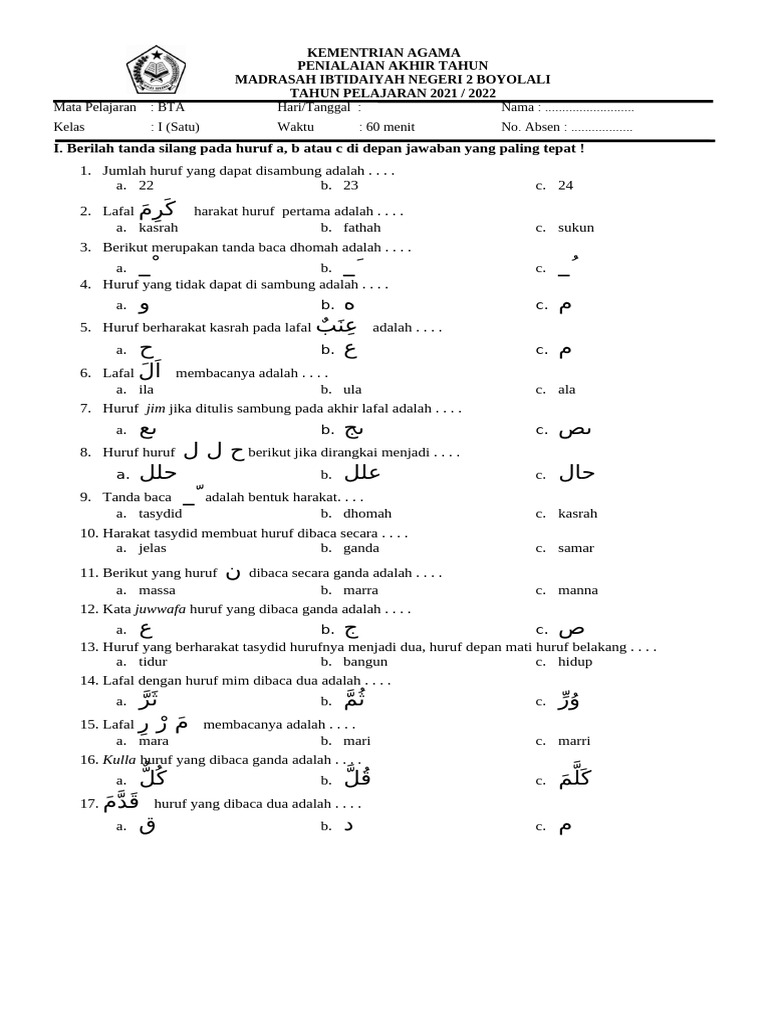 Soal Pat Bta KLS 1 | PDF