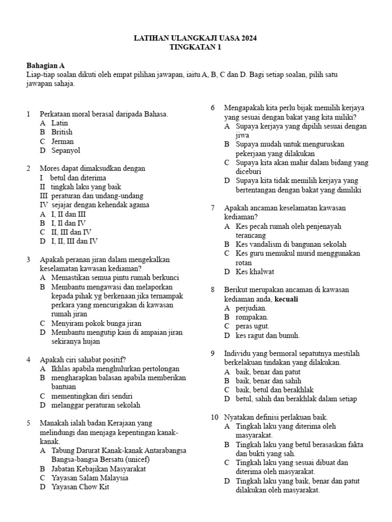 Latihan Ulangkaji Uasa 2024 Tingkatan 1 | PDF