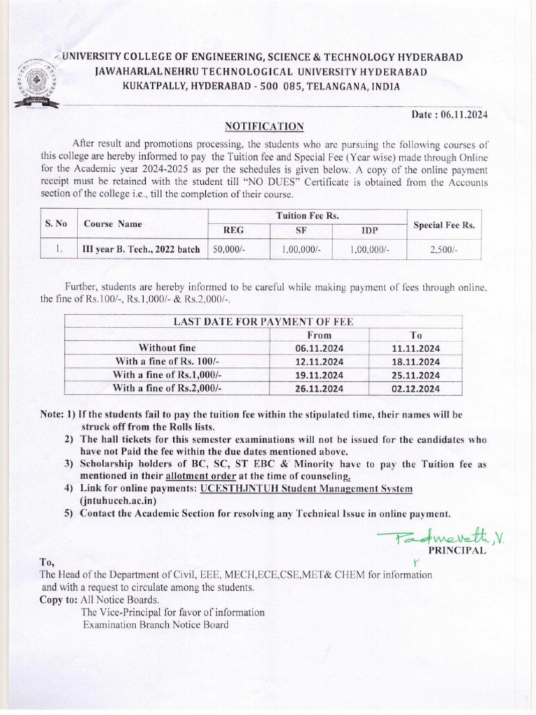 308 Revised Fee Notification For B.tech III Year Reg IDP and III I IDDMP 2024-25 A.Y | PDF