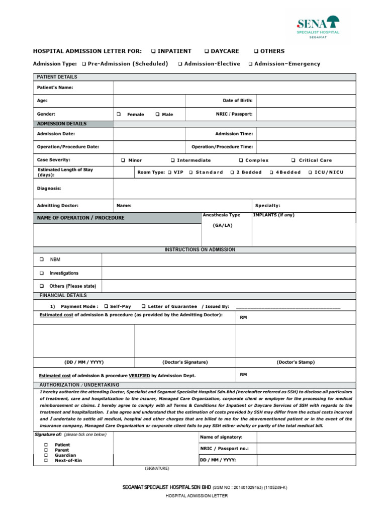 Hospital Admission Letter Template | PDF | Hospital | Patient