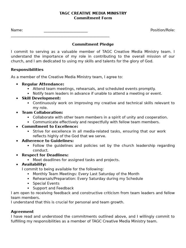 CREATIVE MEDIA MINISTRY Commitment Form | PDF