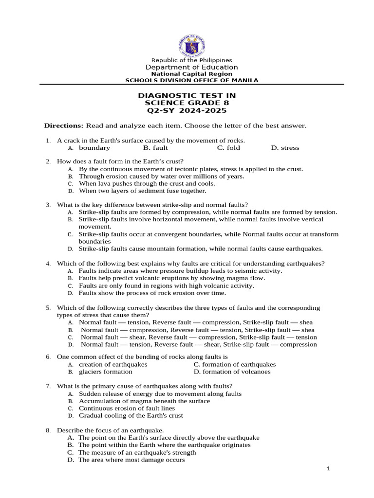 Science Q2 G8 Diagnostic 2024 2025 | PDF | Earthquakes | Tropical Cyclones