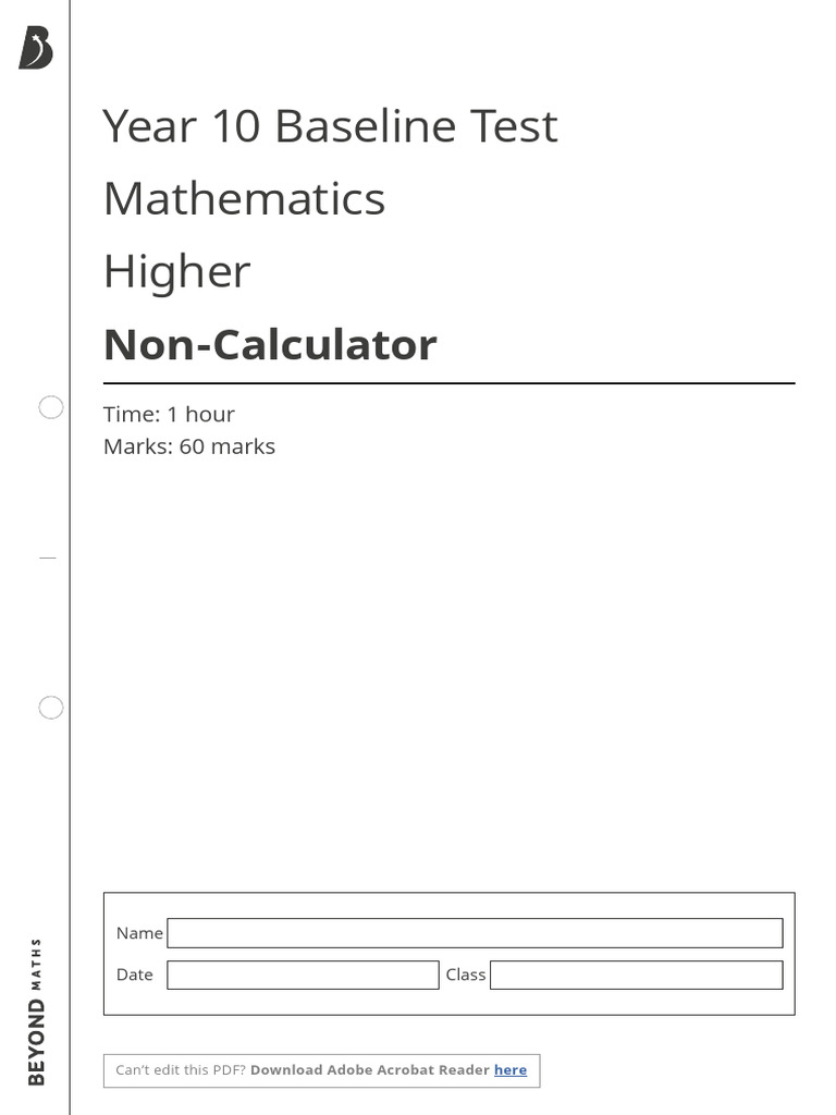 Year 10 Baseline Test Maths Higher Non-Calculator (Interactive) | PDF ...