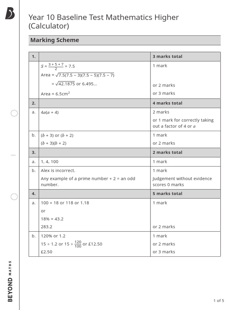 Year 10 Baseline Test Maths Higher Calculator - Mark Scheme | PDF ...