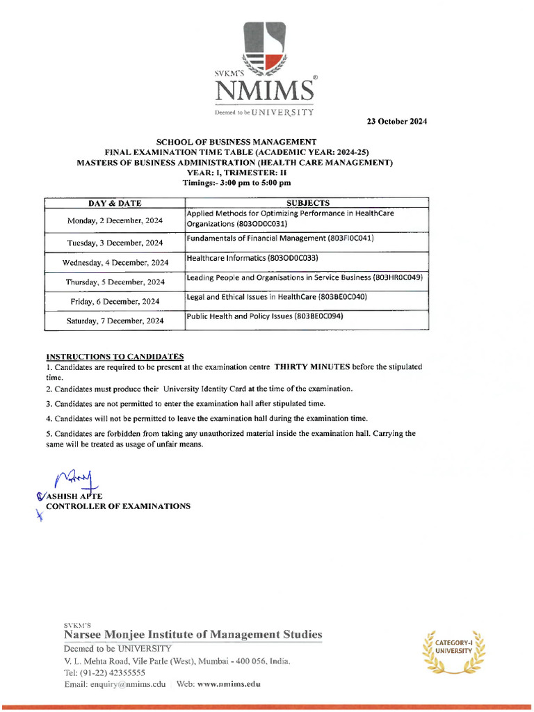 Final Examination Time Table MBA HCM Yr I Trim II 2024 25 Rn3FPFkv8O | PDF