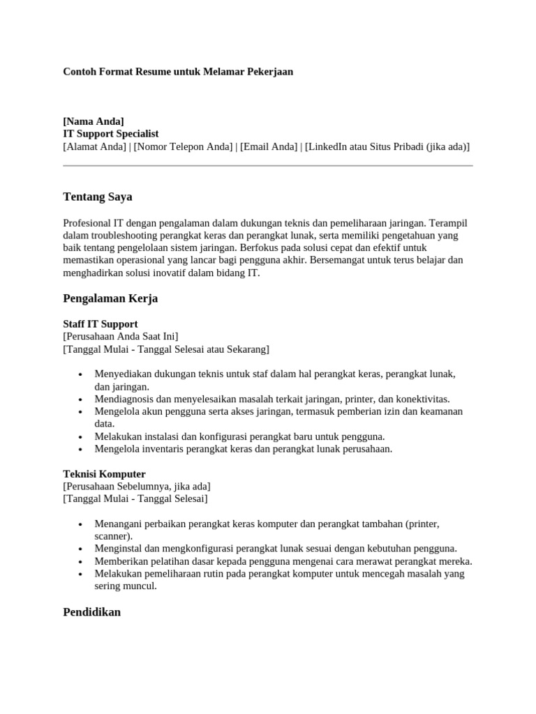 Contoh Resume IT Support Specialist | PDF