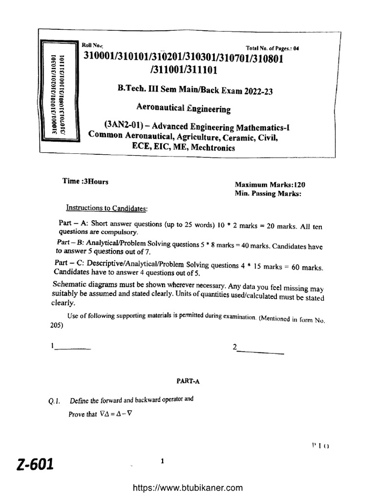 Btech 3 Sem Advanced Engineering Mathematics 1 310001 2023 | PDF Btech 3 Sem Advanced Engineering Mathematics 1 310001 2023 | PDF