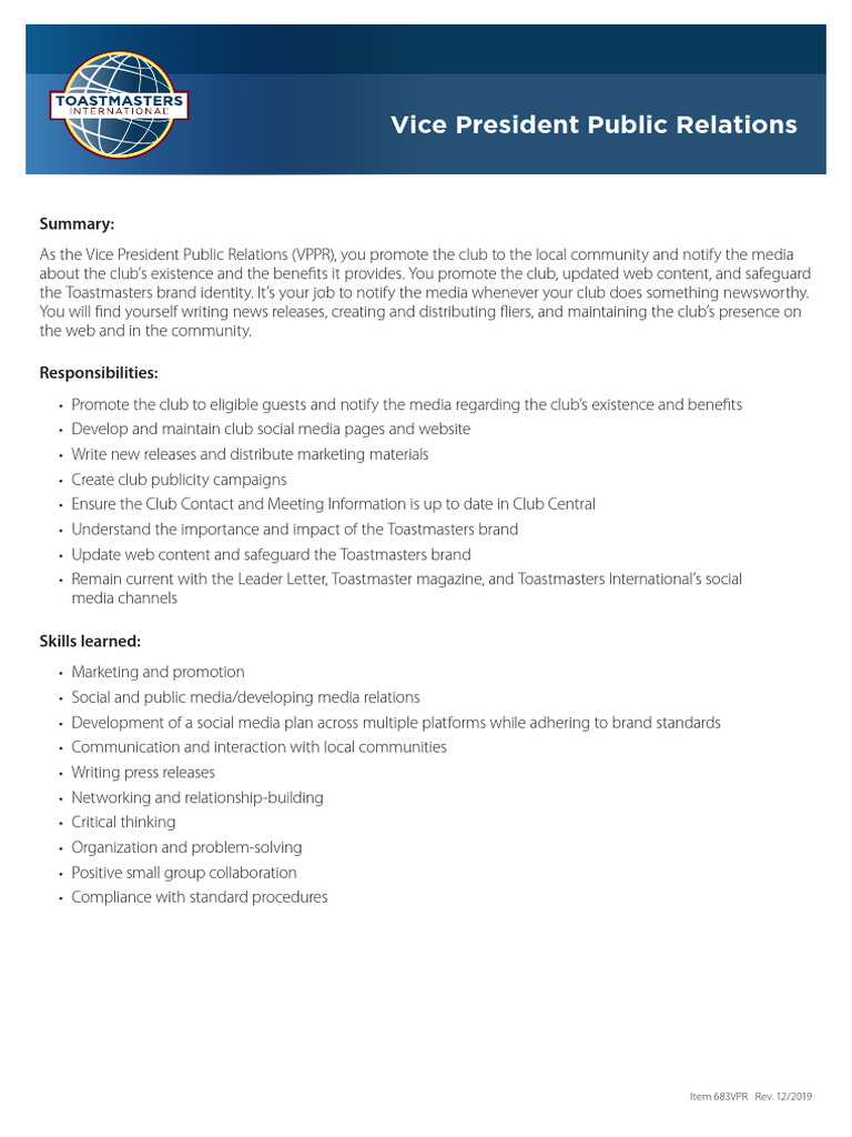 Toastmasters 683VPR VP Public Relations A4 | PDF