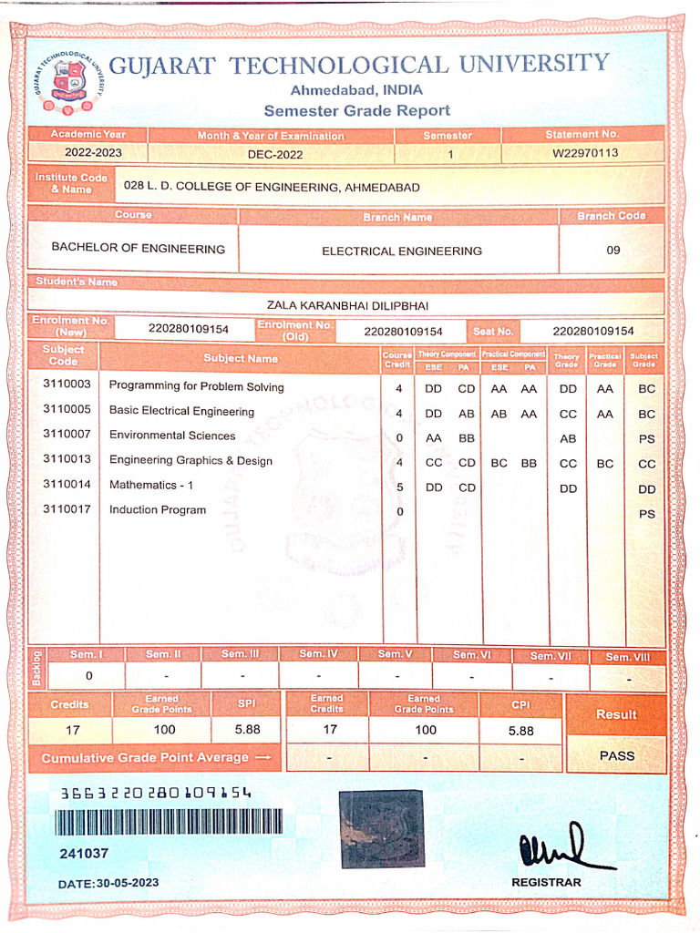 1 Sem Marksheet | PDF