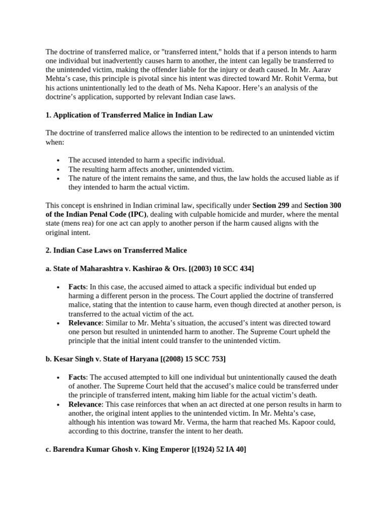 The Doctrine of Transferred Malice | PDF | Intention (Criminal Law ...