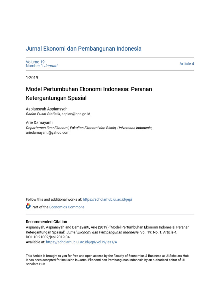 Model Pertumbuhan Ekonomi Indonesia Peranan Ketergantungan Spasi | PDF
