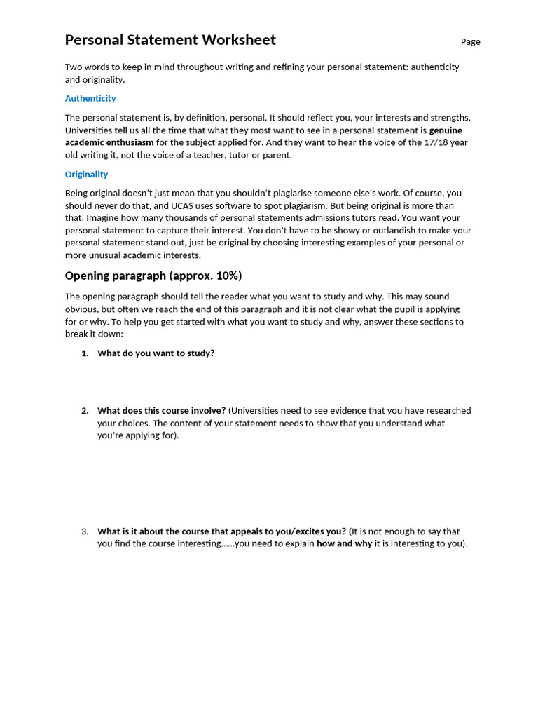 Personal Statement Worksheet FINAL | PDF | Plagiarism | Behavior ...