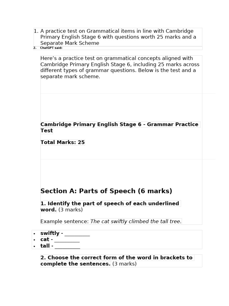 Cambridge Stage 6 Grammar Test | PDF | Part Of Speech | Sentence ...