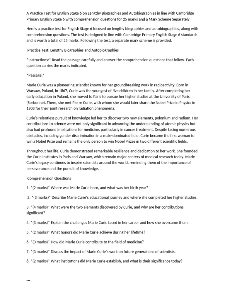 A Practice Test For English Stage 6 On Lengthy Biographies and ...