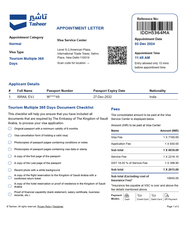 Tasheer Visa Appointment Confirmation | PDF | Travel Visa | Visa Inc.
