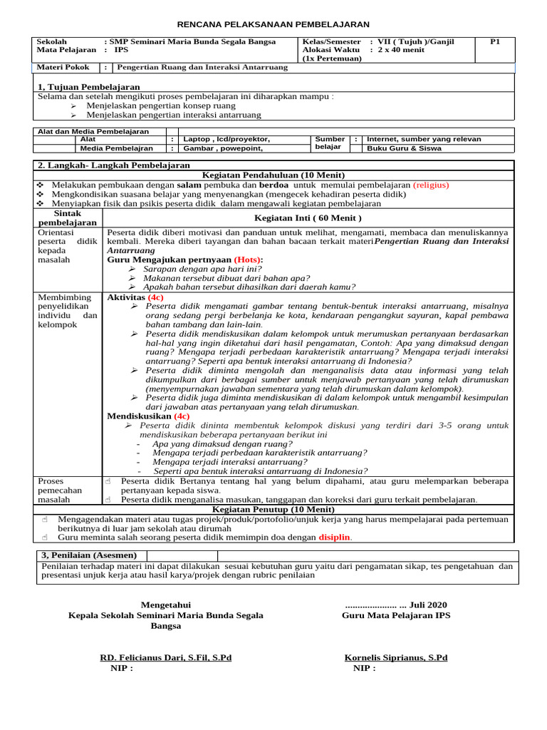 RPP IPS 1 Lembar Kelas 7 Semester 1 | PDF