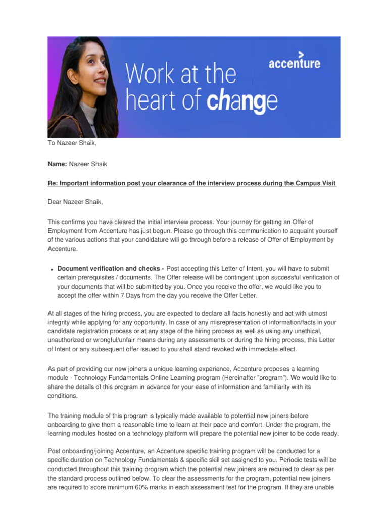 Accenture Letter of Intent Nazeer | PDF | Business
