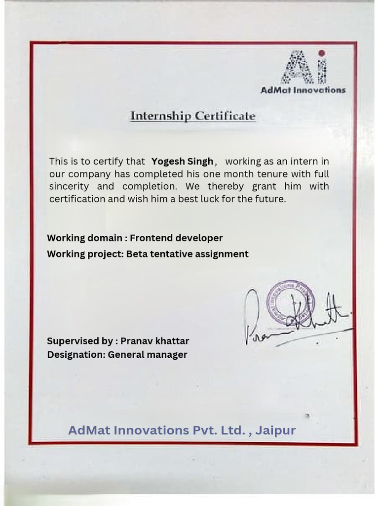 Internship Completion Certificate - Frontend Developer | PDF
