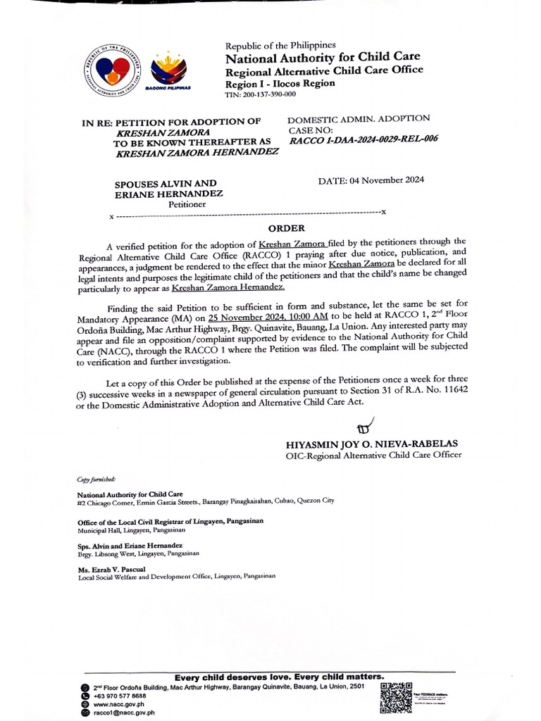 Amended Order Re - Mandatory Appearance of Sps. Alvin and Eriaine ...