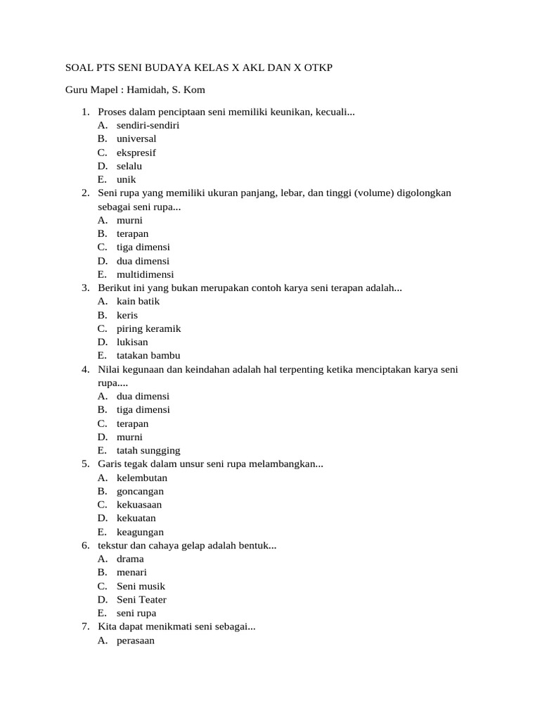 SOAL PTS SENI BUDAYA (X Akl, Otkp) | PDF