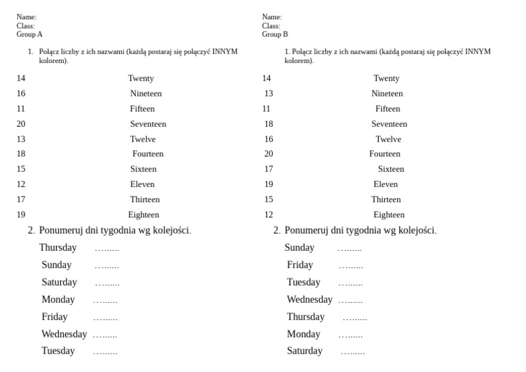Kartkowka Dni Tygodnia I Liczby | PDF