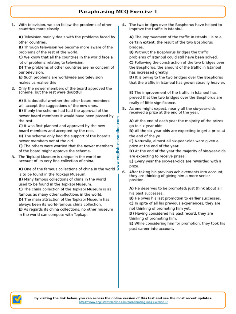 Paraphrasing MCQ Practice Test | PDF