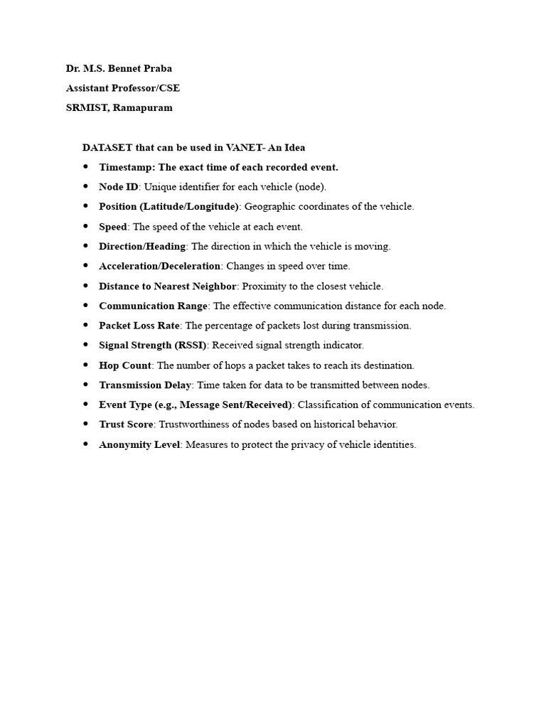 VANET Dataset Parameters Guide | PDF