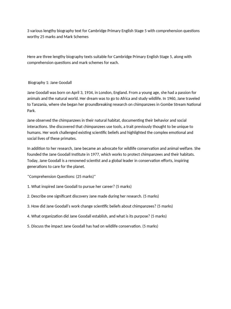 3 Various Lengthy Biography Text For Cambridge Primary English Stage 5 ...