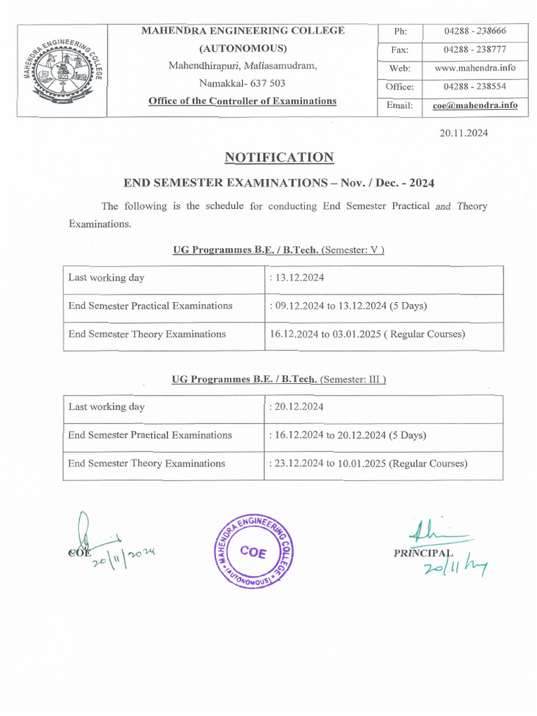 End Semester Exam Schedule 2024 | PDF