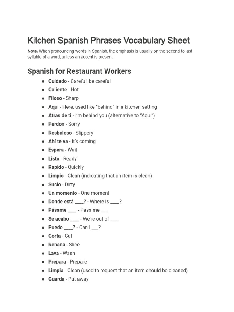 Restaurant Spanish Vocabulary | PDF | Alimentos | Industria de alimentos