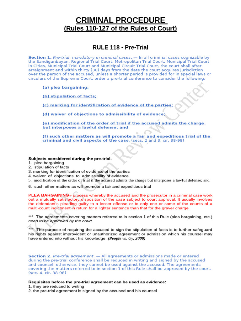 RULE-118-pre-trial | PDF | Plea | Plea Bargain