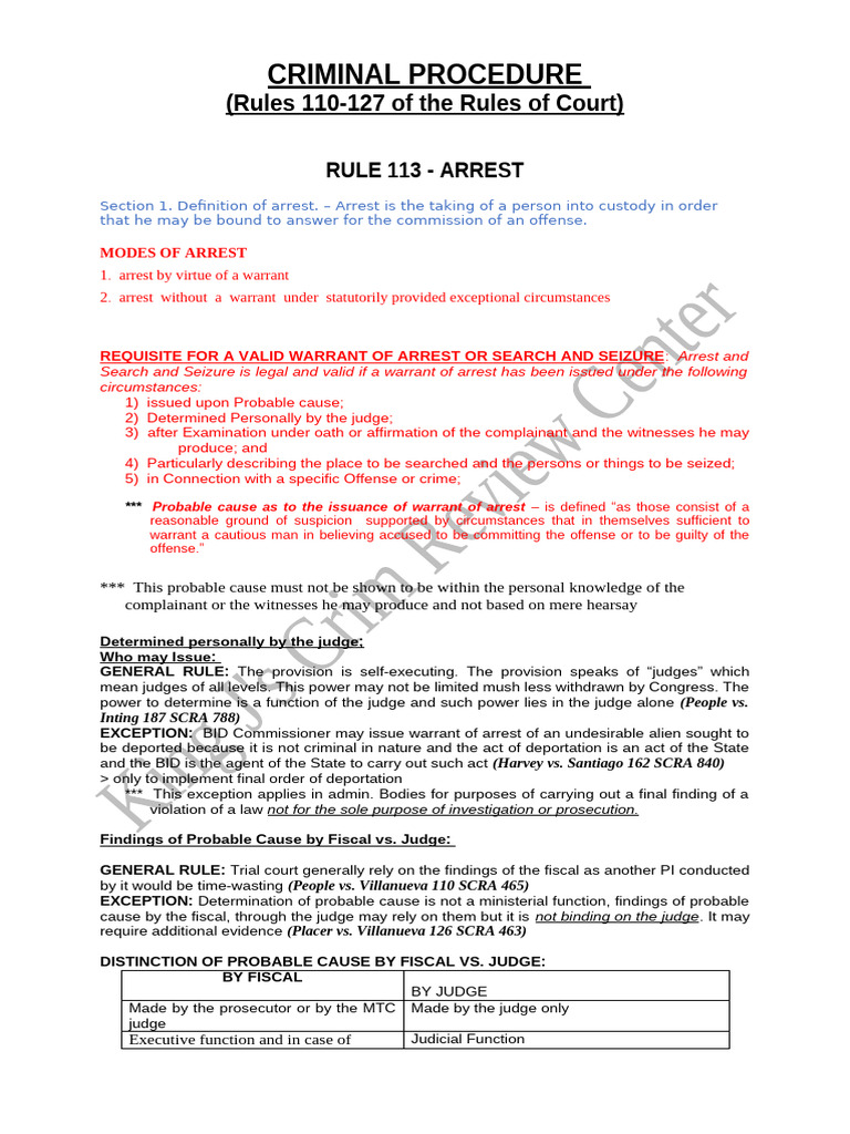 RULE 113 Arrest | PDF | Probable Cause | Search Warrant